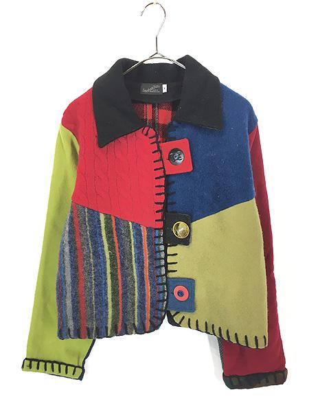 レディース 古着 80s USA製 baabaazuzu カラフル マルチパターン パッチワーク ウール ジャケット M 古着