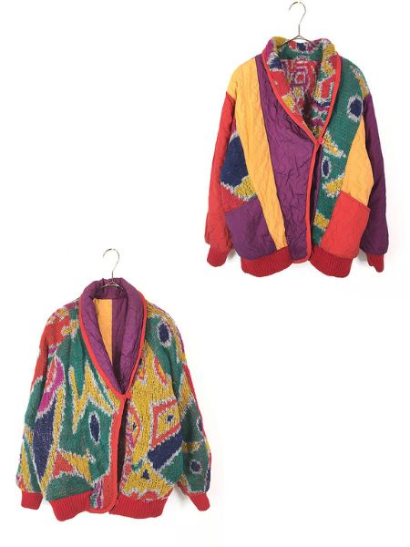 レディース 古着 90s Jennifer Chase アート マルチ デザイン ニット×ナイロン パデッド リバーシブル ジャケット M 古着