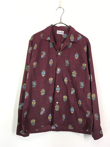 古着 60s Pleasure King エンブレム 総柄 コットン ボックス シャツ M