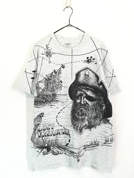 古着 90s USA製 LOST TREASURE 海賊 パイレーツ モノクロ オールオーバー Tシャツ L 古着