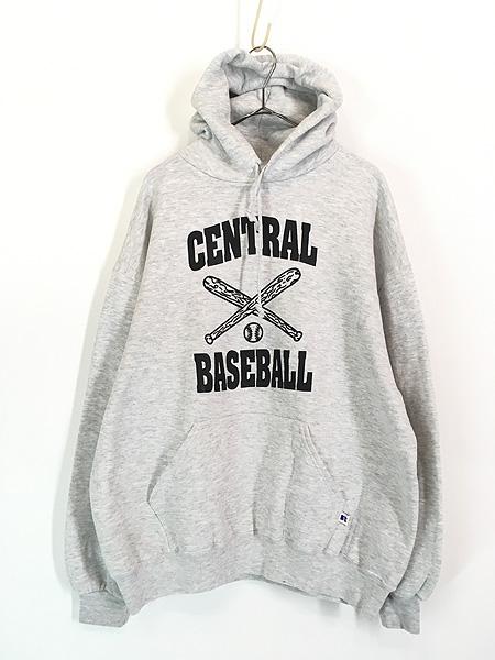 古着 90s USA製 Russell 「SENTRAL BASEBALL」 3段 カレッジ ベースボール スウェット パーカー XL 古着