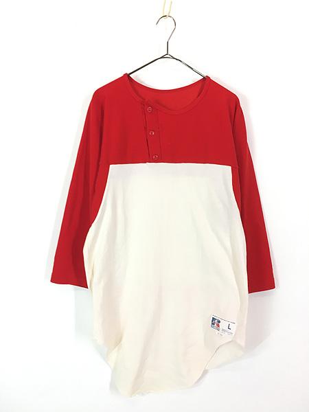古着 80s USA製 Russell レア!! オフセット ハーフボタン バイカラー ナイロン フットボール Tシャツ L