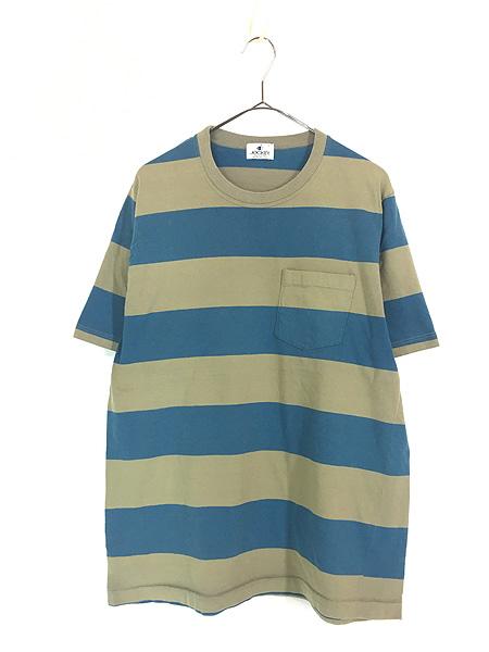 古着 90s USA製 JOCKEY 100% コットン 好配色 太ピッチ ファット ボーダー ポケット付 Tシャツ ポケT L