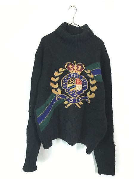 古着 Polo Ralph Lauren 「THE CREST」 タスキライン BIG クレスト タートルネック ウール ニット セーター ブラック!! XL 古着