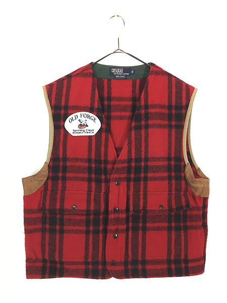 古着 90s Polo Ralph Lauren 赤×黒 バッファロー チェック カスタム パッチ メルトン ウール ハンティング ベスト XL 古着