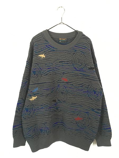 古着 90s Australia製 FAR HORIZONE 金魚 おさかな アート ウール ニット セーター XL 古着