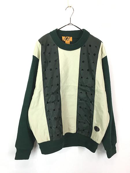古着 90s TRUTUS 本革 レザー 丸 三角 四角 くり抜き アート アクリル ニット セーター L 古着