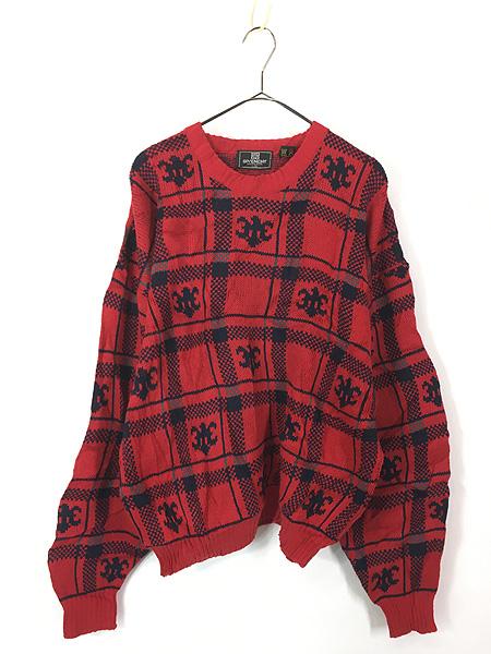 古着 80s GIVENCHY 紋章 マルチ チェック 総柄 アクリル ウール ニット セーター L