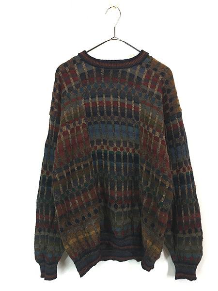 古着 90s ボリビア製 intiwara マルチ ブロック 総柄 100% アルパカ ニット セーター M