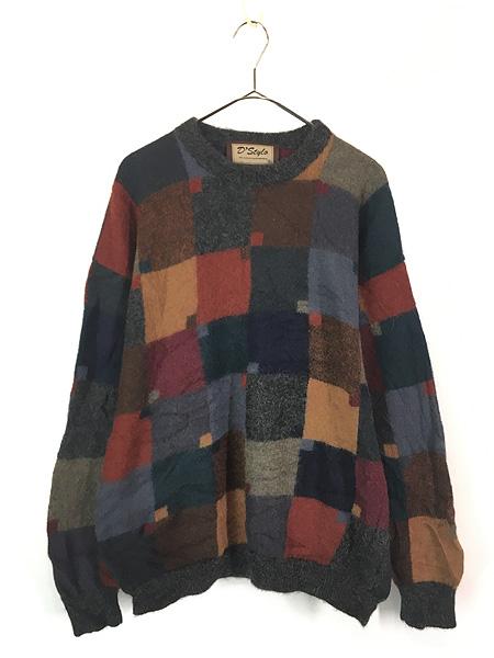 古着 90s- D'Style マルチ ブロック 総柄 100% アルパカ ニット セーター XL