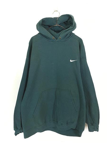 古着 90s NIKE スウォッシュ ワンポイント ソリッド スウェット パーカー 青緑 L 古着