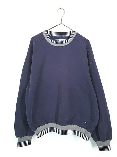 古着 90s USA製 Russell High Cotton マルチ リブライン ヘビー スウェット トレーナー ナス紺 L