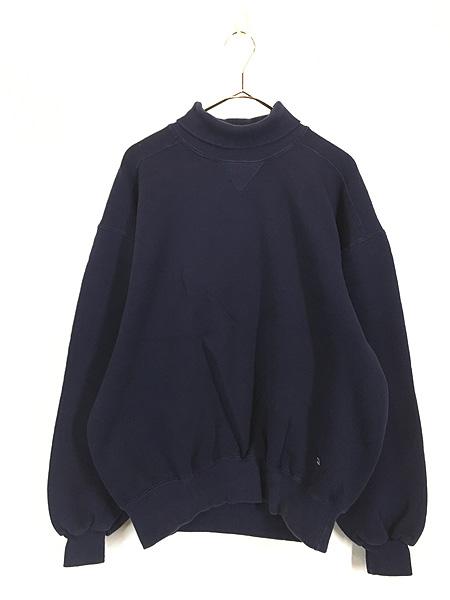 古着 90s USA製 Russell High Cotton 無地 ソリッド 前V タートルネック ヘビー スウェット トレーナー ネイビー L