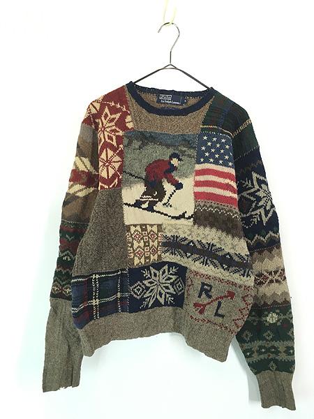 古着 90s Polo Ralph Lauren スキー 星条旗 雪 両面 マルチ パッチワーク ウール リネン ニット セーター M 古着