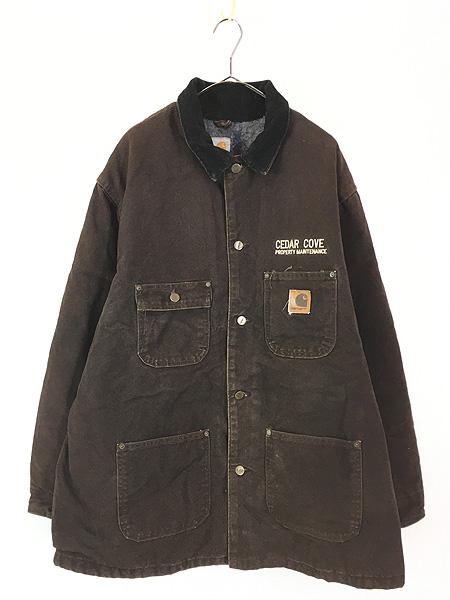 古着 Carhartt 裏地 ストライプ ブランケット ダーク ブラウン ダック ミシガンチョア カバーオール ジャケット XL 古着