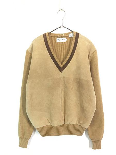 古着 80s Oleg Cassini 本革 スエード レザー × アクリル ニット セーター L