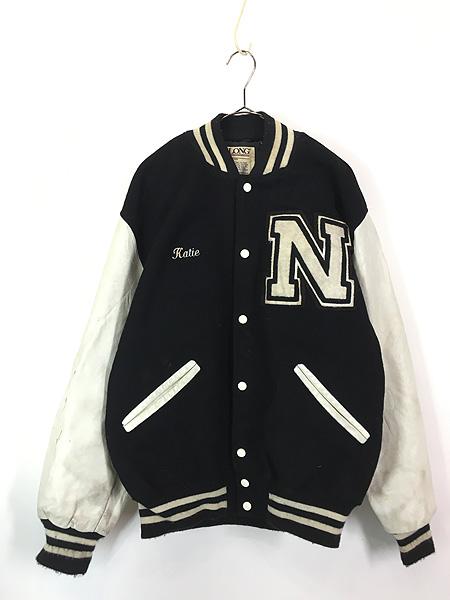古着 90s USA製 DeLON 「N」 レタード 本革 レザー袖 メルトン ウール スタジアム ジャケット スタジャン L