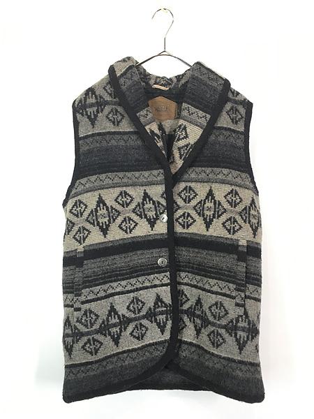 古着 80s USA製 WoolRich ネイティブ チマヨ 総柄 ショールカラー ウール ブランケット ベスト コンチョボタン L