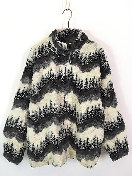 古着 90s USA製 BLACK MOUNTAIN 木 ツリー フォレスト ボーダー フリース ジャケット L 古着