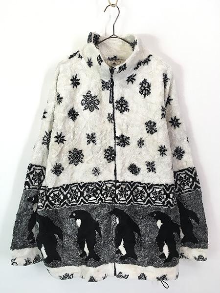 古着 90s USA製 BLACK MOUNTAIN ペンギン 雪柄 フリース ジャケット XL 古着