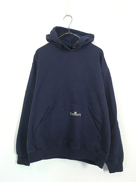 古着 90s USA製 Carhartt ワンポイント スウェット パーカー 紺 L 古着