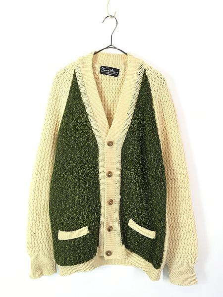 古着 60-70s The Keen House フロント 切替 2tone 畦編み ヘビー ウール ニット カーディガン XL位