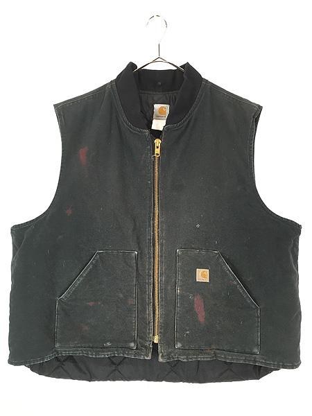 古着 90s USA製 Carhartt ブラック ダック 首リブ パデット ベスト 4XL Tall 古着