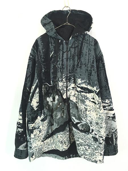 古着 SAGA MAN オオカミ ウルフ アニマル 裏ボア フリース パーカー XL 古着