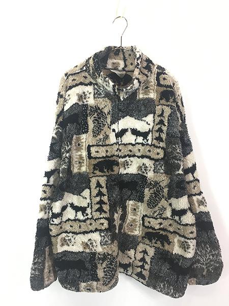 古着 90s USA製 BLACK MOUNTAIN シカ オオカミ クマ マルチ アニマル フリース ジャケット XL 古着