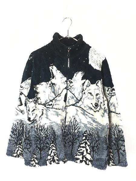 古着 90s USA製 BLACK MOUNTAIN オオカミ ウルフ アニマル フリース ジャケット XS 古着