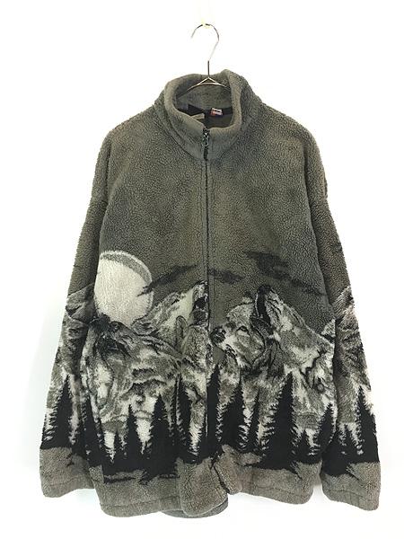 古着 90s USA製 MAZMANIA オオカミ ウルフ 月 アニマル フリース ジャケット L 古着