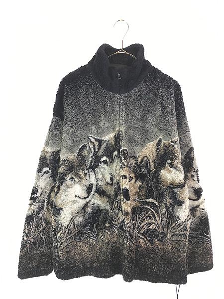 古着 90s USA製 Cobblestone Canyon オオカミ ウルフ アニマル フリース ジャケット S位 古着