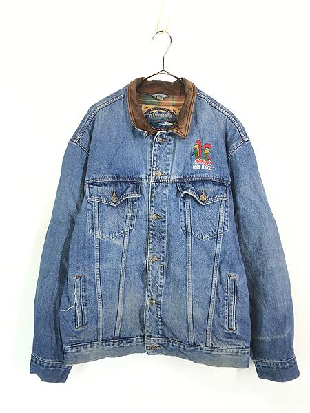 古着 90s Kellogg's CORN FLAKES ケロッグ 企業 刺しゅう レザー襟 デニム ジャケット Gジャン L 古着