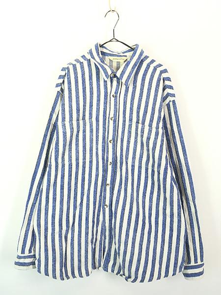 古着 80s St John's Bay ブルー × ブラック ストライプ ヘビー フランネル シャツ ヘビネル XL位