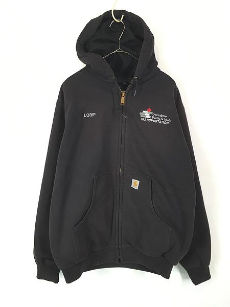 古着 90s Carhartt 裏地 メッシュ ワンポイント パッチ スウェット ジップ パーカー 黒 M 古着