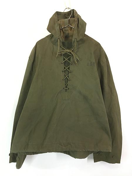 古着 40s 米軍 USN N-2 WET WEATHER PARKA ミリタリー ゴム引き コットン レースアップ レイン パーカー M
