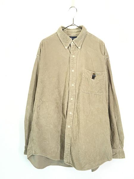 古着 90s Ralph Lauren 「POLO BARE」 ポロベア ワンポイント ソリッド ポケット付 太畝 コーデュロイ BD シャツ ベージュ XL 古着