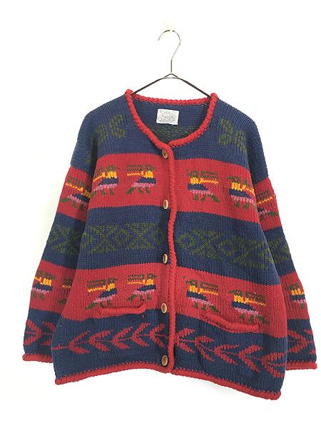 古着 90s ボリビア製 フェニックス ネイティブ パターン ヘビー ウール ニット カーディガン L位 古着
