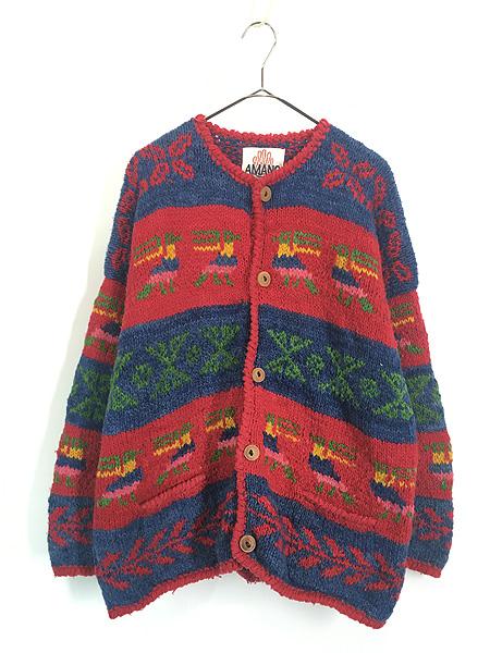 古着 90s AMANO フェニックス ネイティブ パターン ヘビー ウール ニット カーディガン XL位 古着