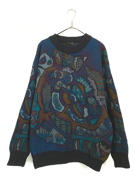 古着 90s Australia製 FAR HORIZONE ランダム アート ウール ニット セーター L 古着