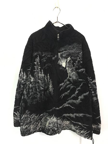 古着 90s USA製 Art Unlimited オオカミ ウルフ 総柄 ジップアップ フリース ジャケット L 古着