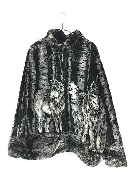 古着 90s USA製 BLACK MOUNTAIN オオカミ ウルフ 総柄 フリース ジャケット L 古着