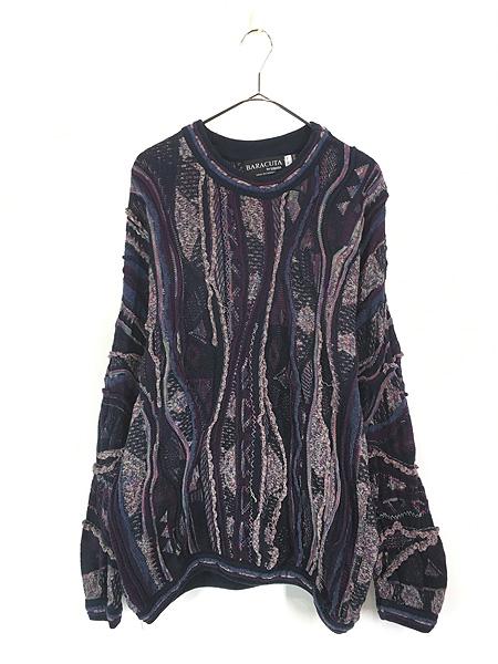 古着 90s 製 TUNDRA 3D ランダム ストライプ コットン ニット セーター L 古着