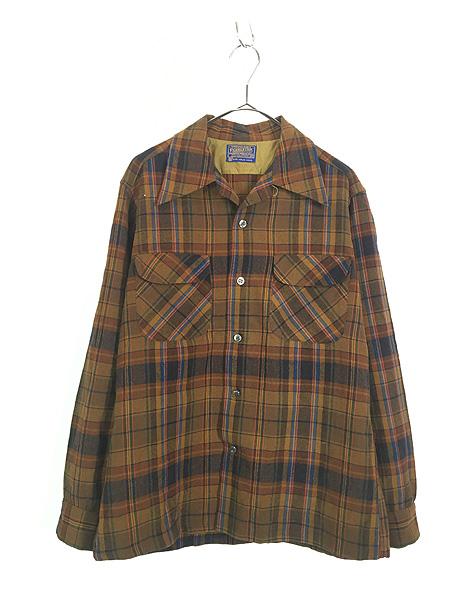 古着 60-70s Pendleton レトロ チェック 開襟 ボックス ウール シャツ M