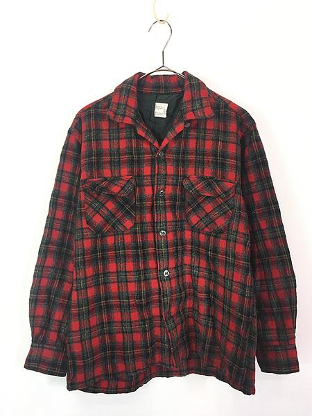 古着 60s 日本製 Penney's Towncraft レッド チェック 開襟 ウール ボックス シャツ M