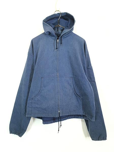 古着 70s デニム ライク フランネル コットン フルジップ フーデッド ジャケット パーカー L