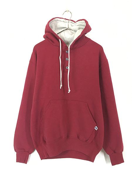 古着 90s USA製 Russell Wフェイス フード ハーフボタン プルオーバー スウェット パーカー M