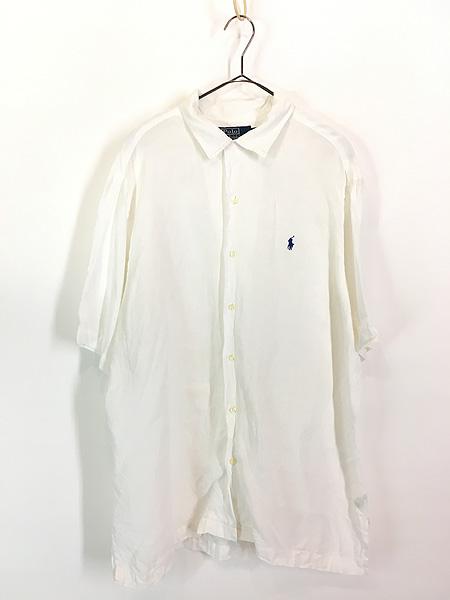 古着 Polo Ralph Lauren 「CALDWELL」 ワンポイント ソリッド 100% リネン 半袖 開襟 ボックス シャツ 白 L 古着