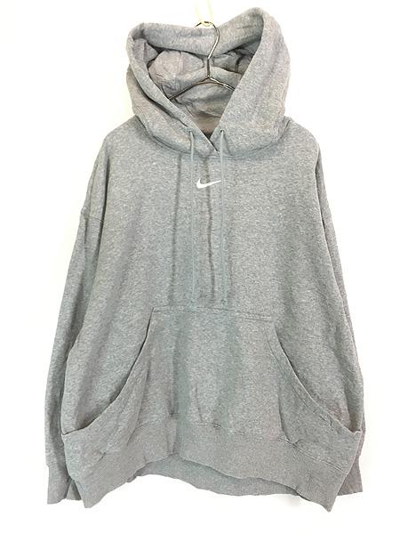 古着 NIKE センター スウォッシュ ロゴ 刺しゅう ソリッド スウェット パーカー グレー M 古着