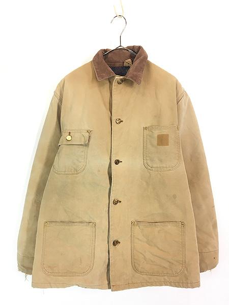 古着 80s Carhartt 裏地 ストライプ ブランケット ブラウン ダック ミシガンチョア カバーオール ジャケット M位 古着